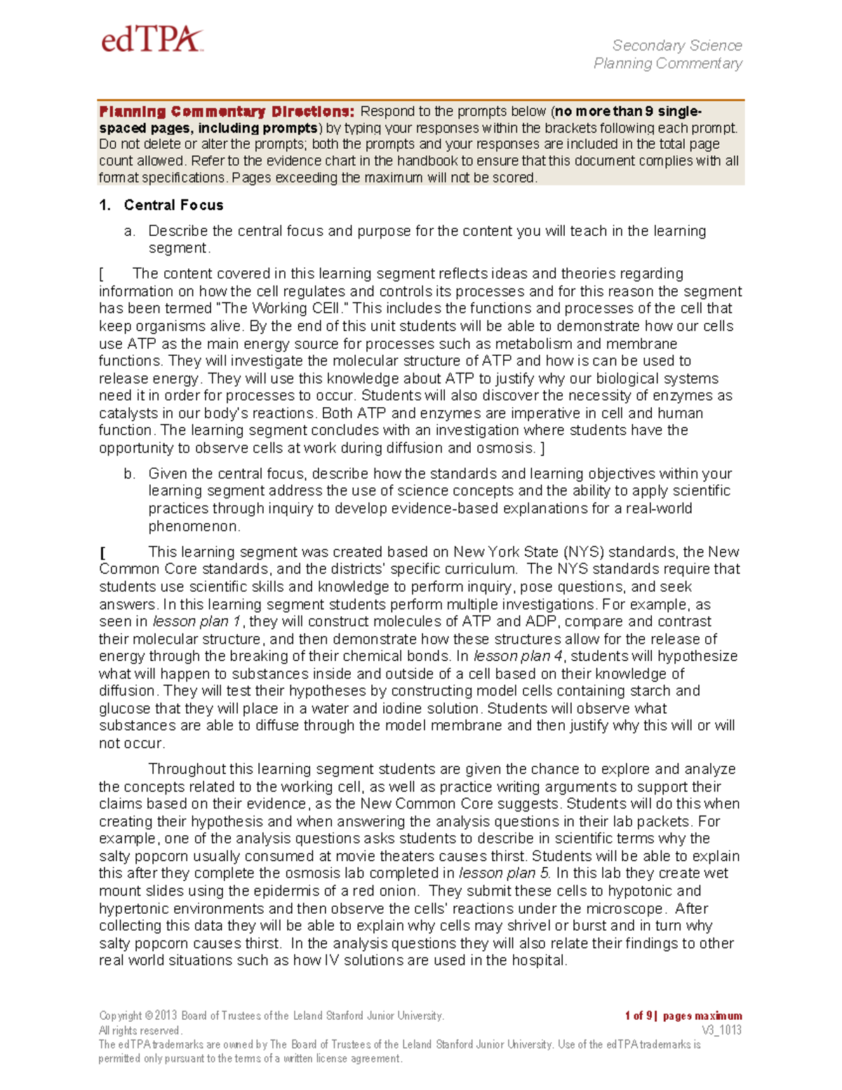 2 - EDTPA Task 2 sample - Planning Commentary Copyright © 201 3 Board of Trustees of the Leland ...