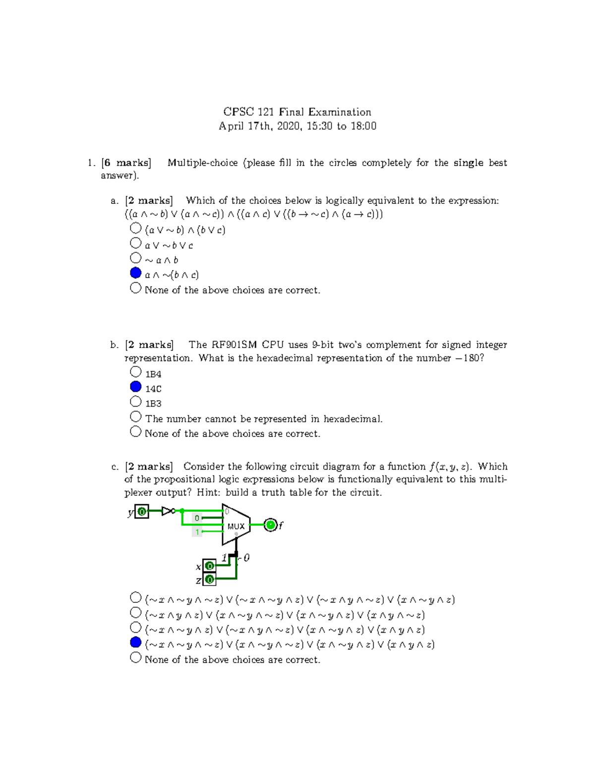 2019 20 Winter Term 2 Final Solutions - CPSC 121 Final Examination April 17th, 2020, 15:30 to 18 ...