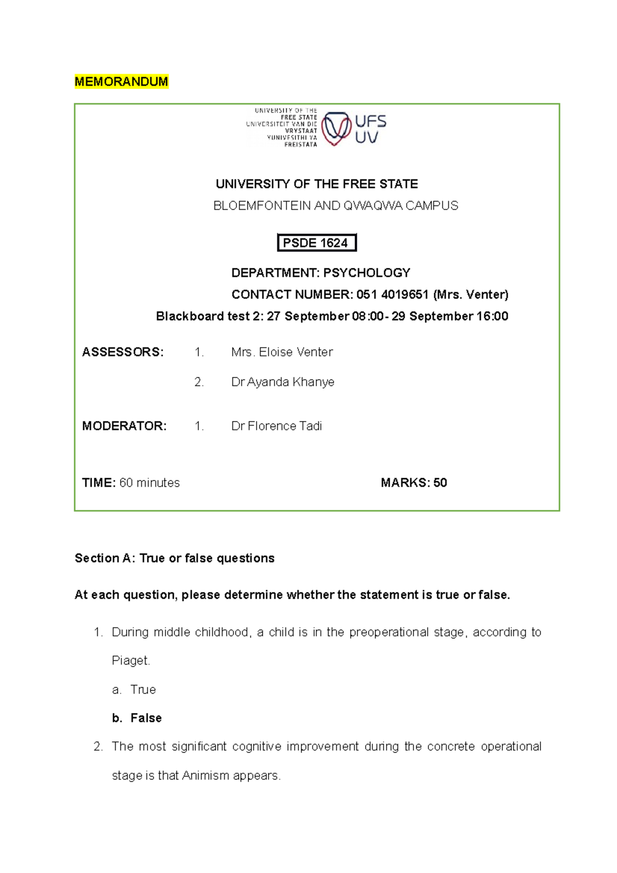 PSDE1624 BB TEST 2 Memorandum WITH Extra Comments OR Feedback ...