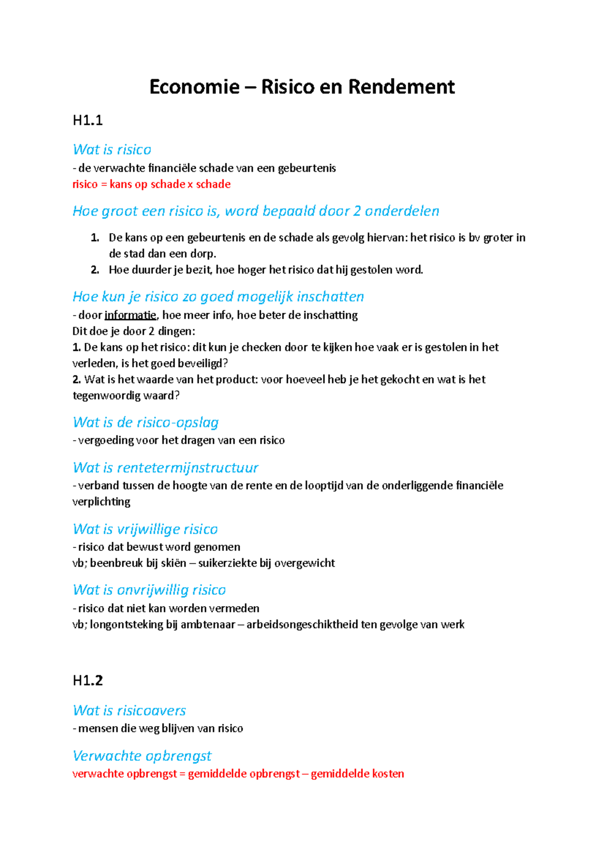 Economie risico en rendement - Economie – Risico en Rendement H1. Wat ...
