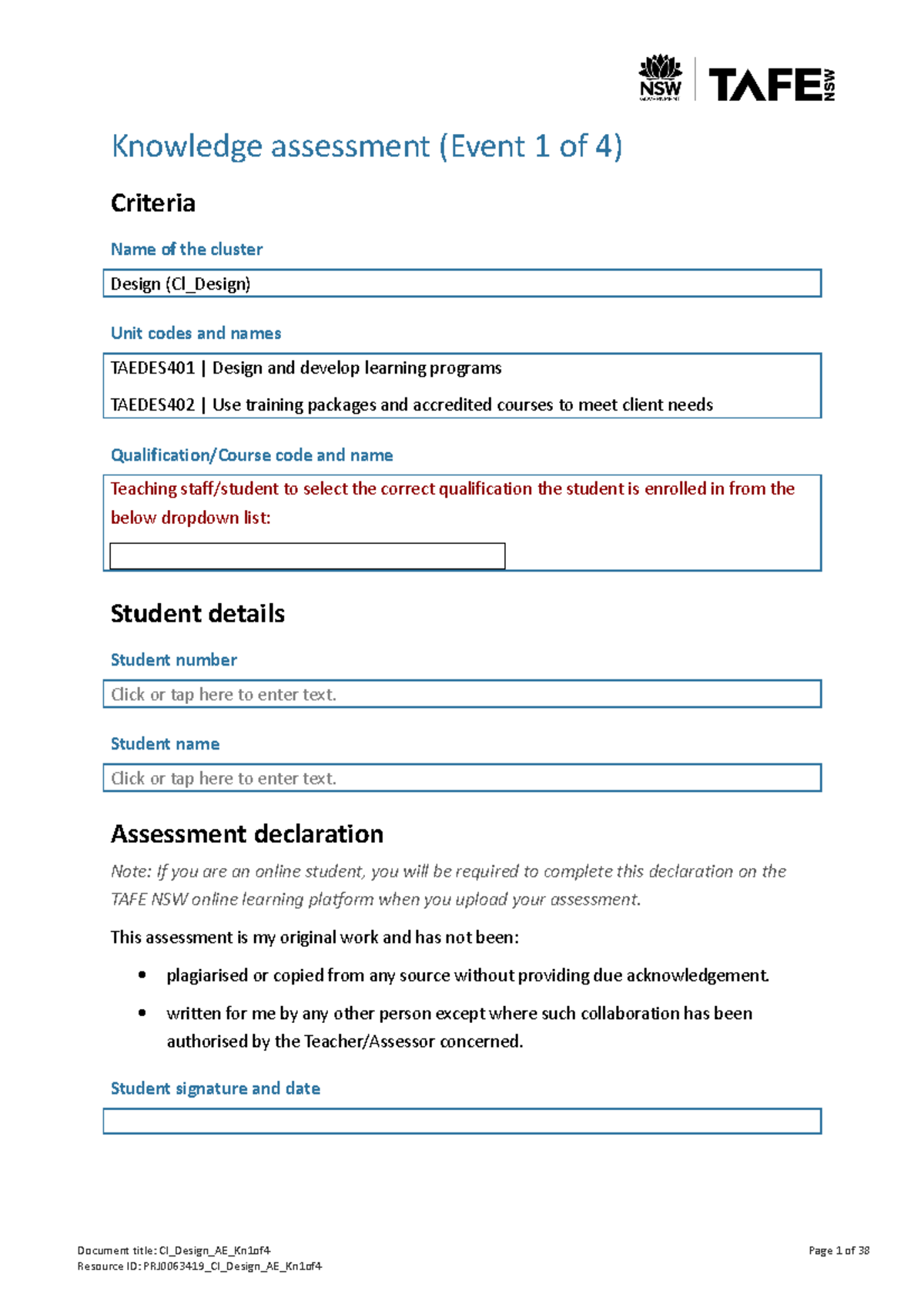 Knowledge Assessment for Designing Learning Programs - Studocu