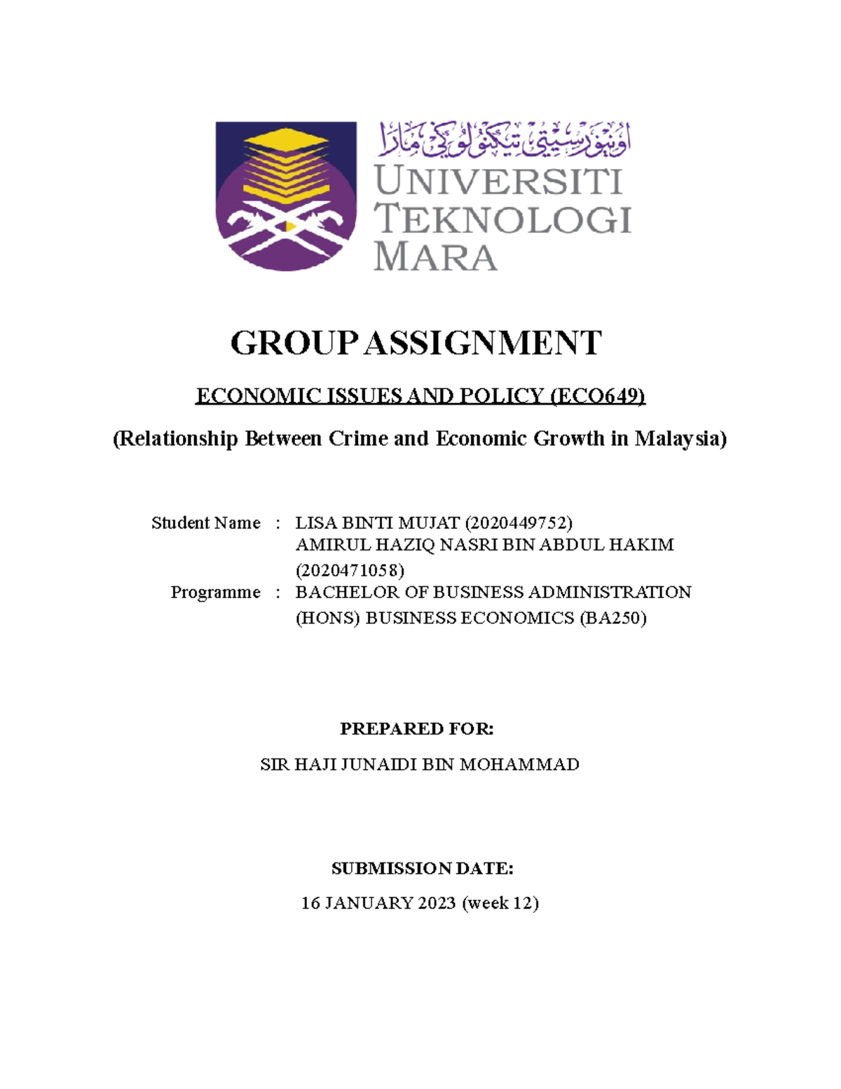 Group Assignment Research Paper (Pair) - GROUP ASSIGNMENT ECONOMIC ISSUES AND POLICY (ECO649 ...