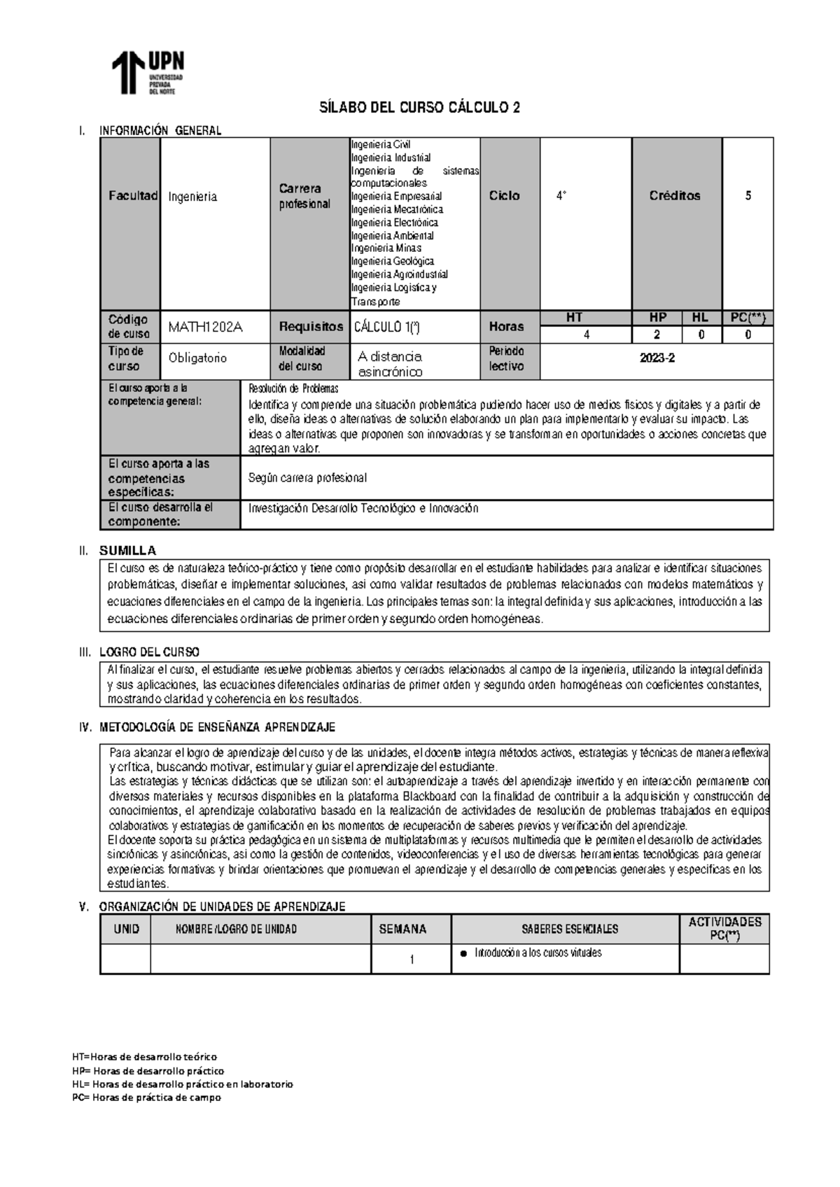 172133447 - silabo de calculo 1 - HT=Horas de desarrollo teórico HP= Horas de desarrollo ...