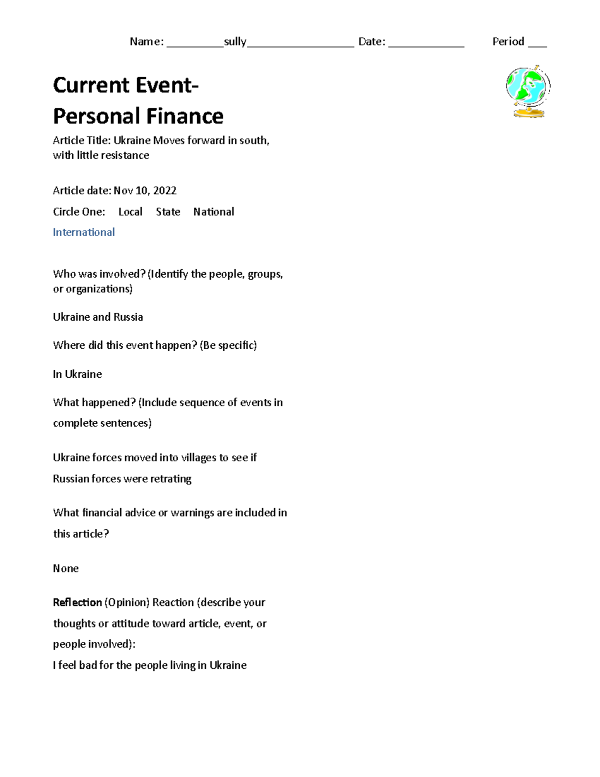 Current event template Gen. -1-1 finance - Name: sully________ Date ...