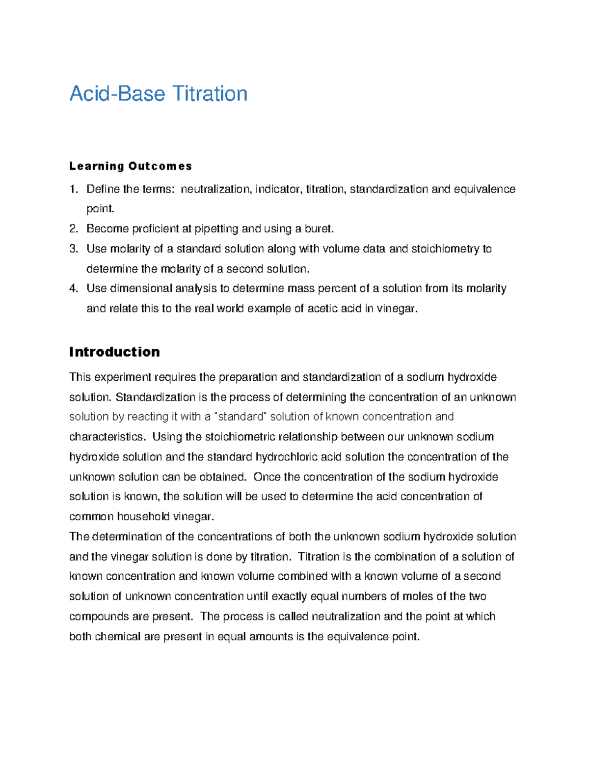 Acid-Base Titration - Acid-Base Titration Learning Outcomes Define the ...