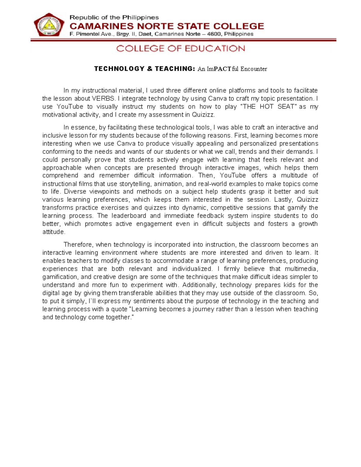 Reflection Paper (PCK2) - TECHNOLOGY & TEACHING: An ImPACTful Encounter ...