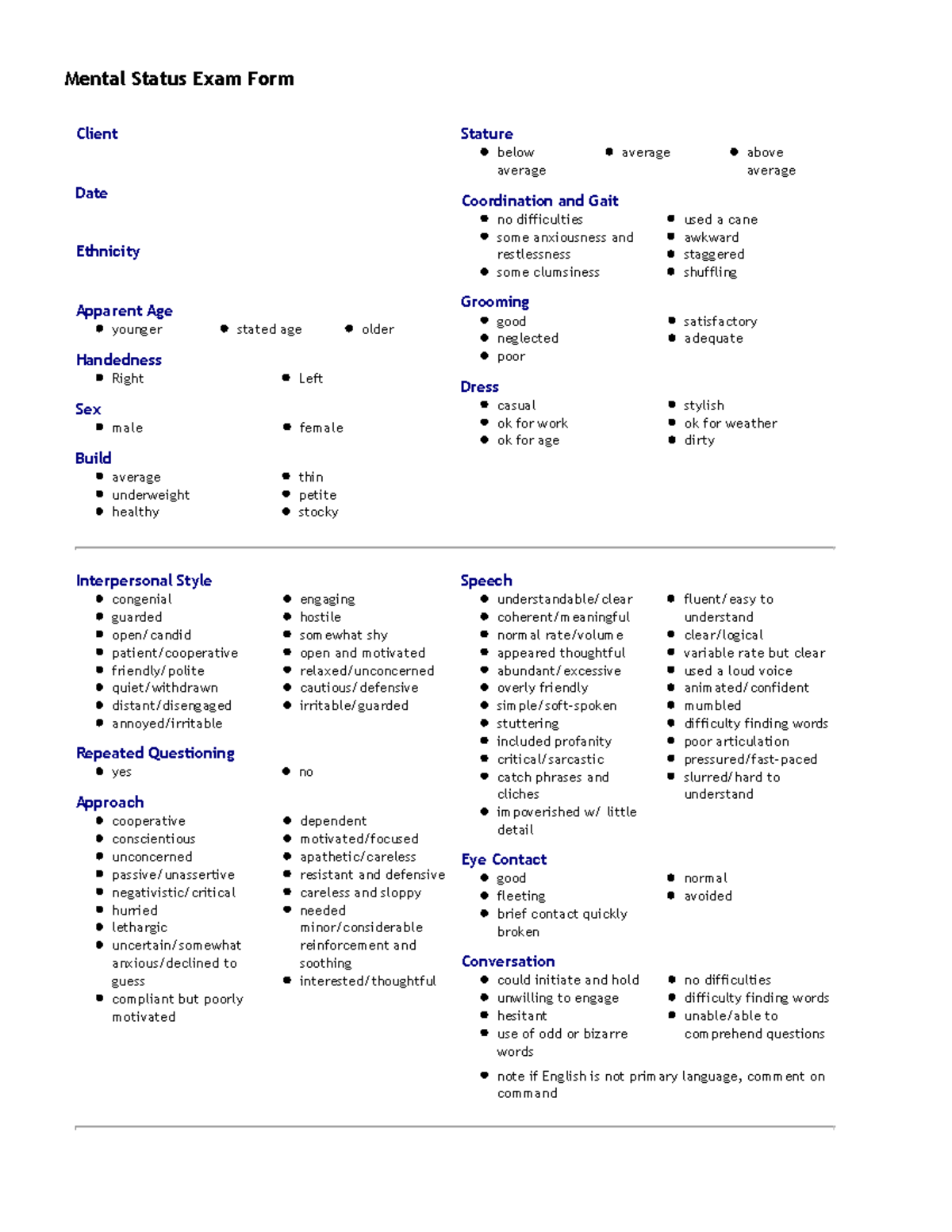 Mental Status Exam Form PDF - Mental Status Exam Form Client Date ...