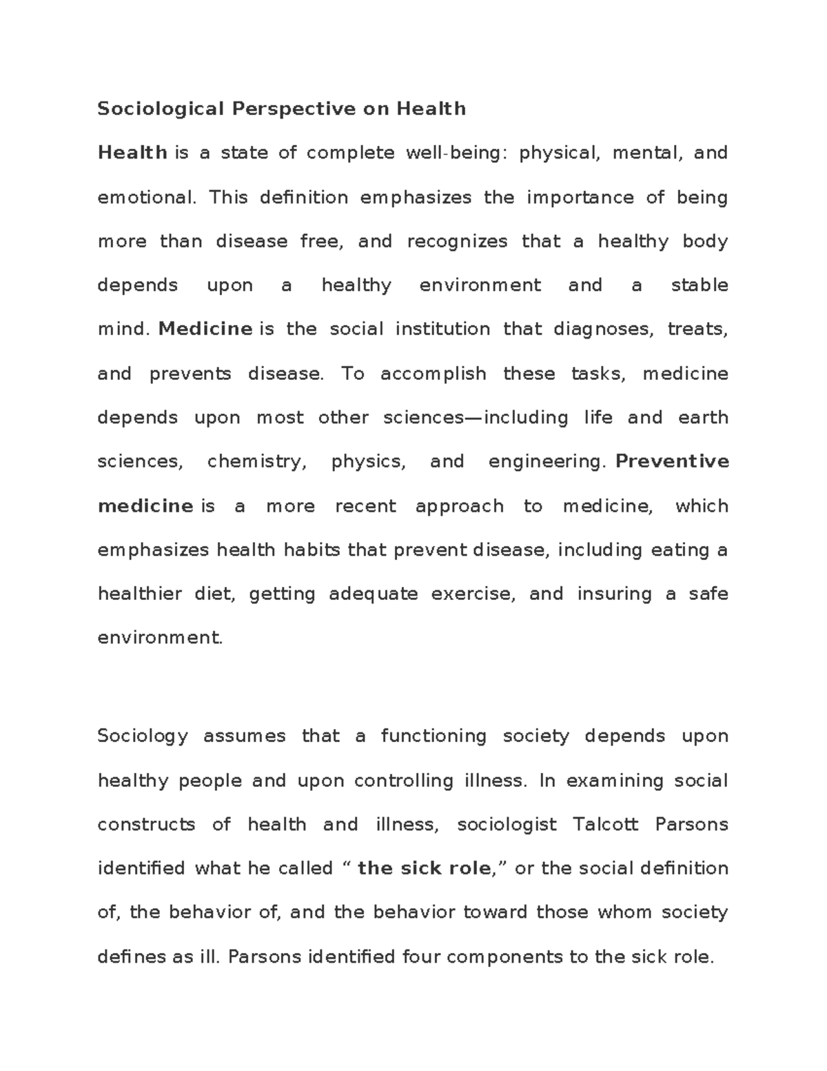 Health perspectives - Sociological Perspective on Health Health is a ...