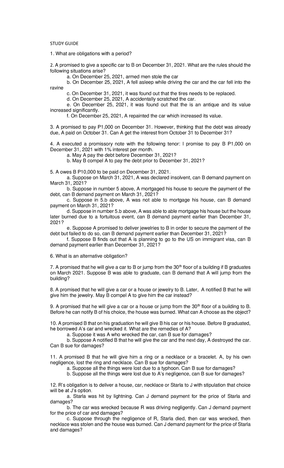 Obligations with a Period, Alternative Obligations - STUDY GUIDE What ...