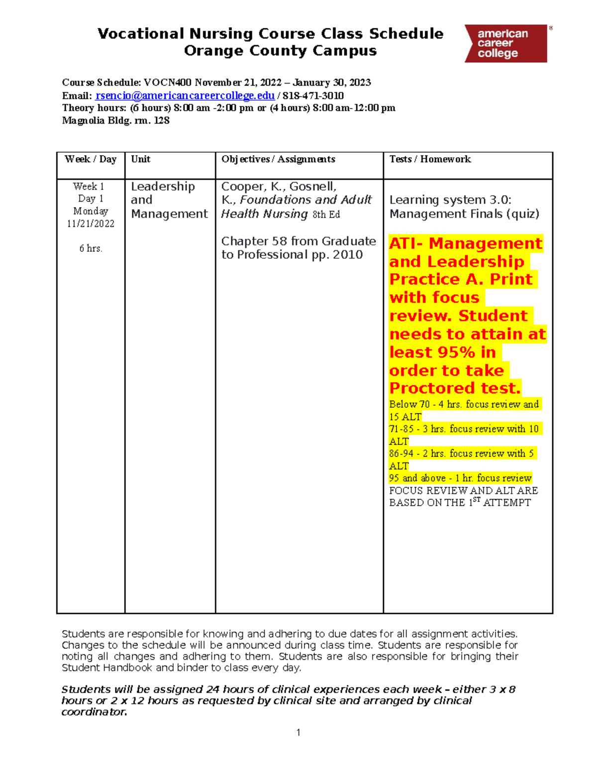 VN400 Weekly Class Schedule November 2022 Final newcurriculum - Course ...