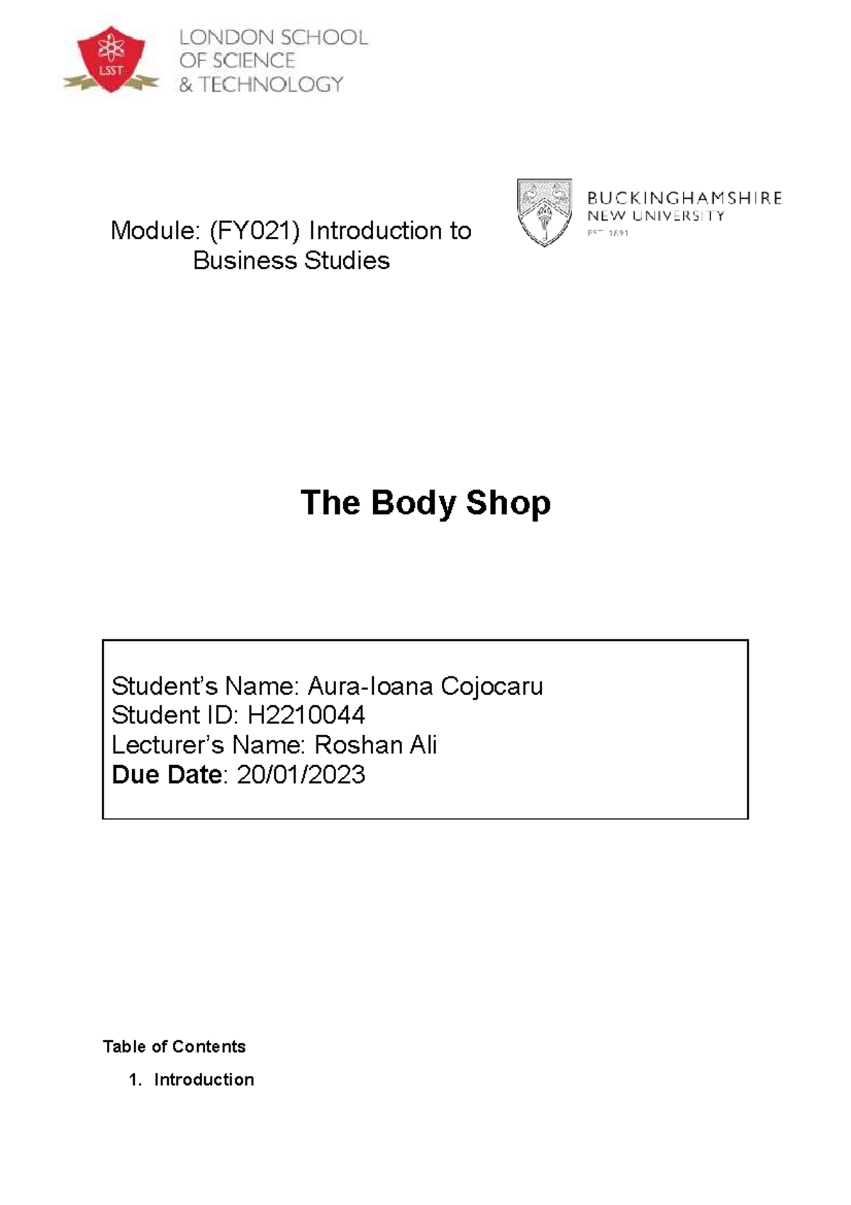 The Body Shop Introduction - Module: (FY021) Introduction to Business ...
