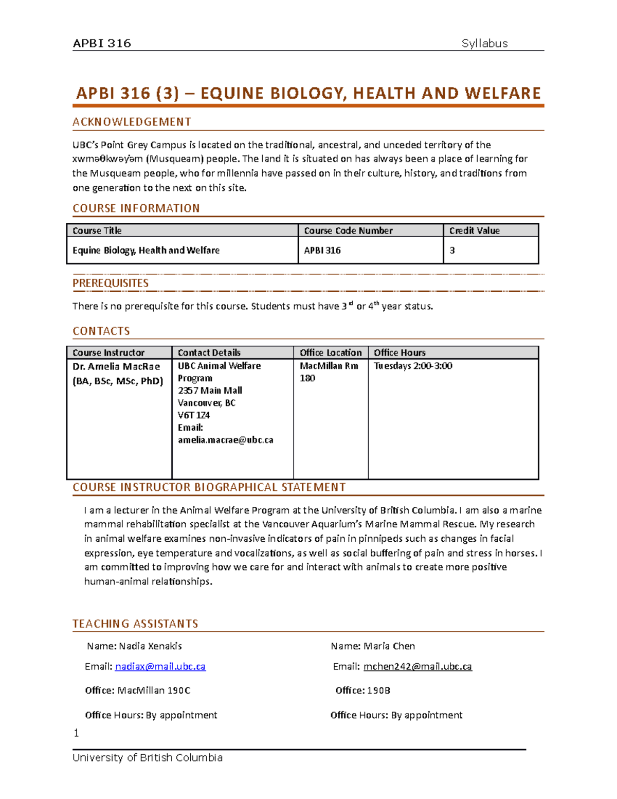 APBI 318 Syllabus 2020 T2 - APBI 316 (3) – EQUINE BIOLOGY, HEALTH AND ...