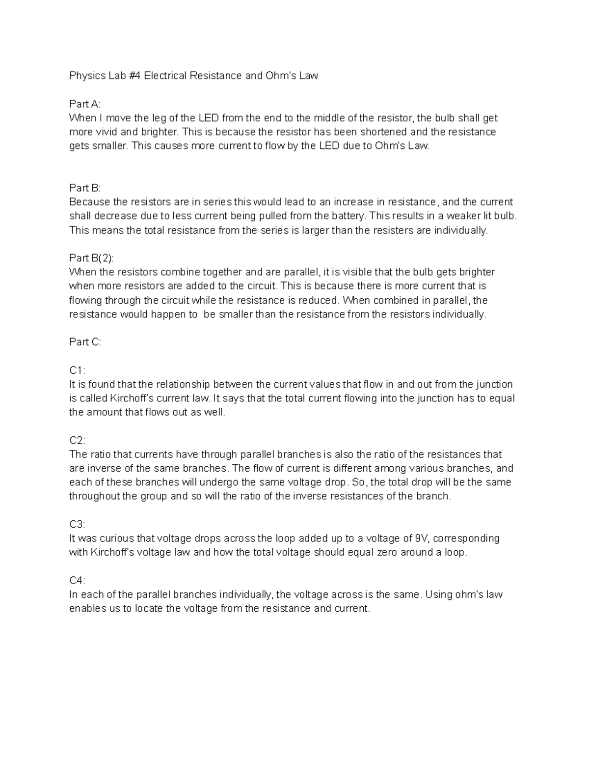 Physics Lab #4 Electrical Resistance and Ohm’s Law - This is because ...