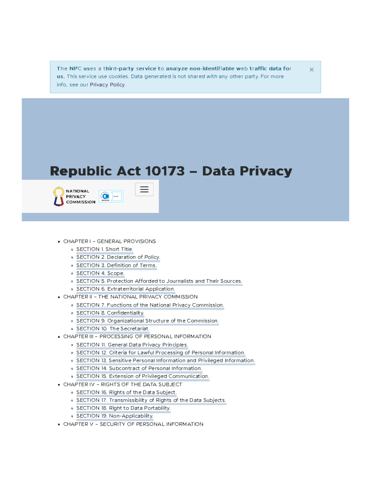 Republic Act 10173 Data Privacy Act of 2012 National Privacy Commission ...