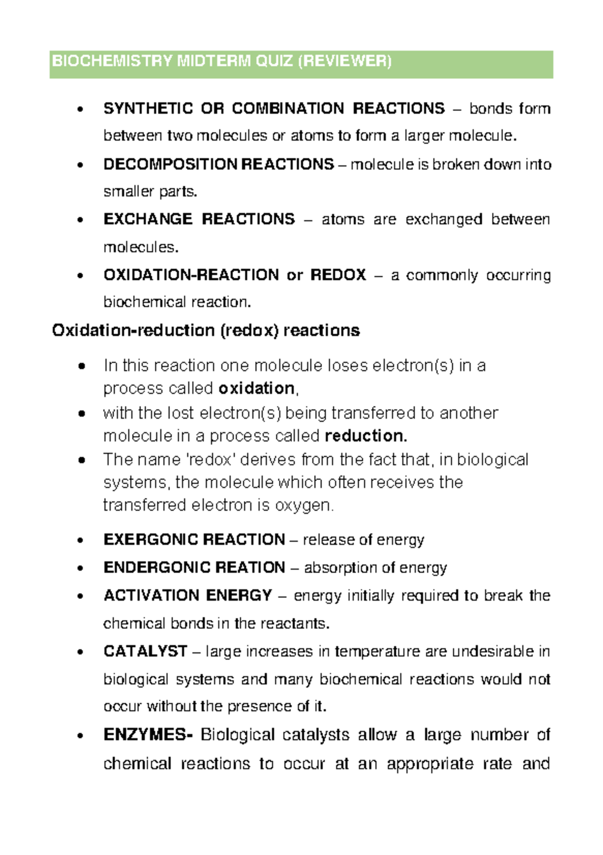 Biochem- Midterm- Notes - • SYNTHETIC OR COMBINATION REACTIONS – bonds ...