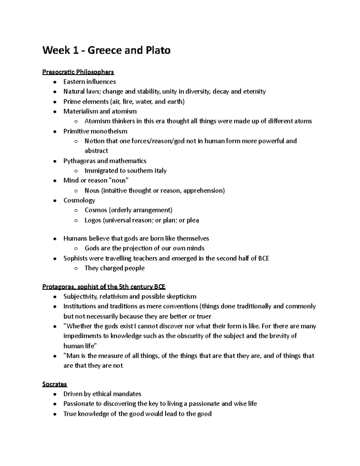 HIST 110 Week 1 Notes - Week 1 - Greece and Plato Presocratic ...
