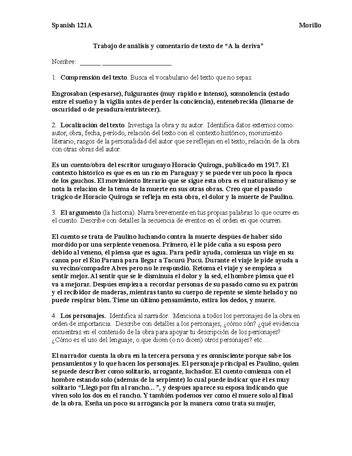 Comentario+de+A+la+Deriva - Spanish 121A Morillo Trabajo de análisis y ...