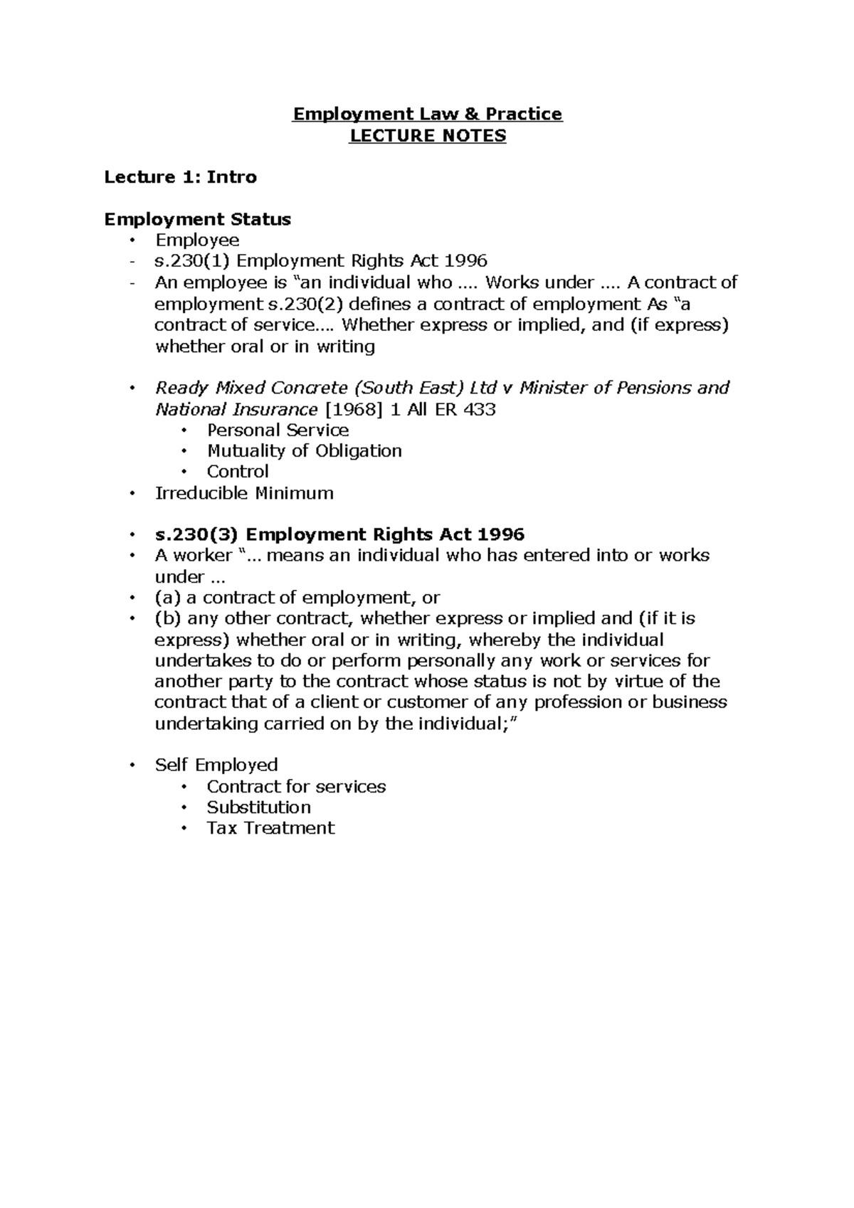 Lecture 1-6 - Notes - Employment Law & Practice LECTURE NOTES Lecture 1 ...