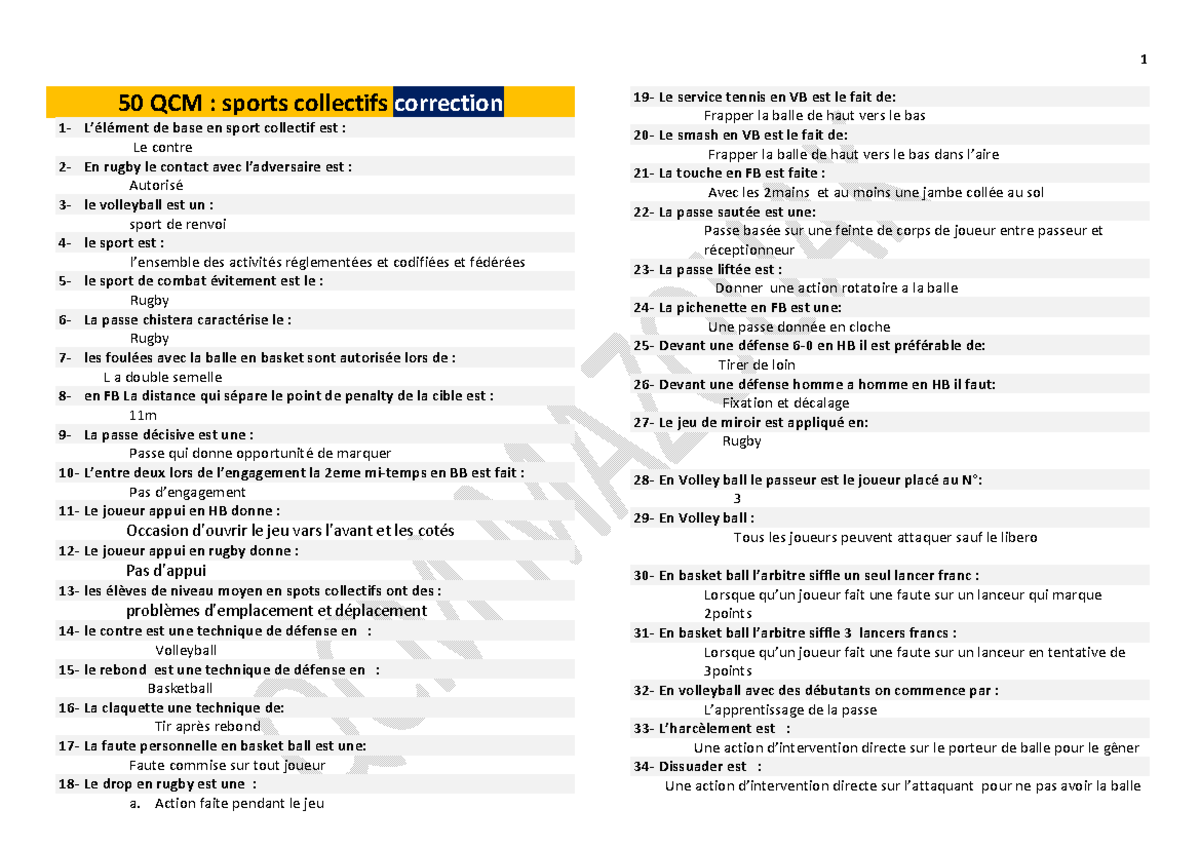 QCM Sports collectifs 2 50 correction - 1 50 QCM : sports collectifs correction 1- L’élément de ...
