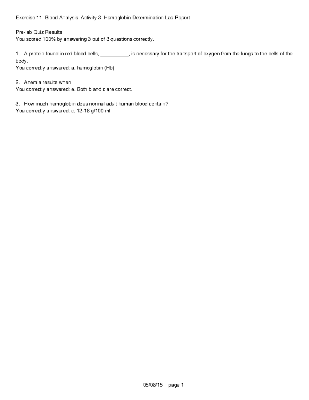Exercise 11 blood analysis activity 3 hemoglobin - Exercise 11: Blood ...