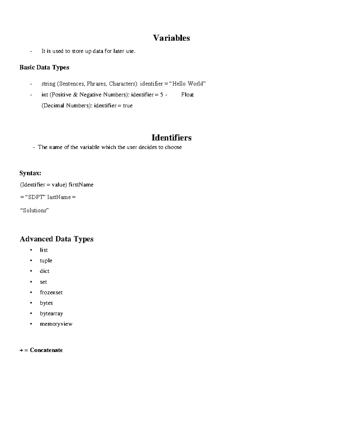 Variablesand Tuples- Notes - Variables - It is used to store up data ...