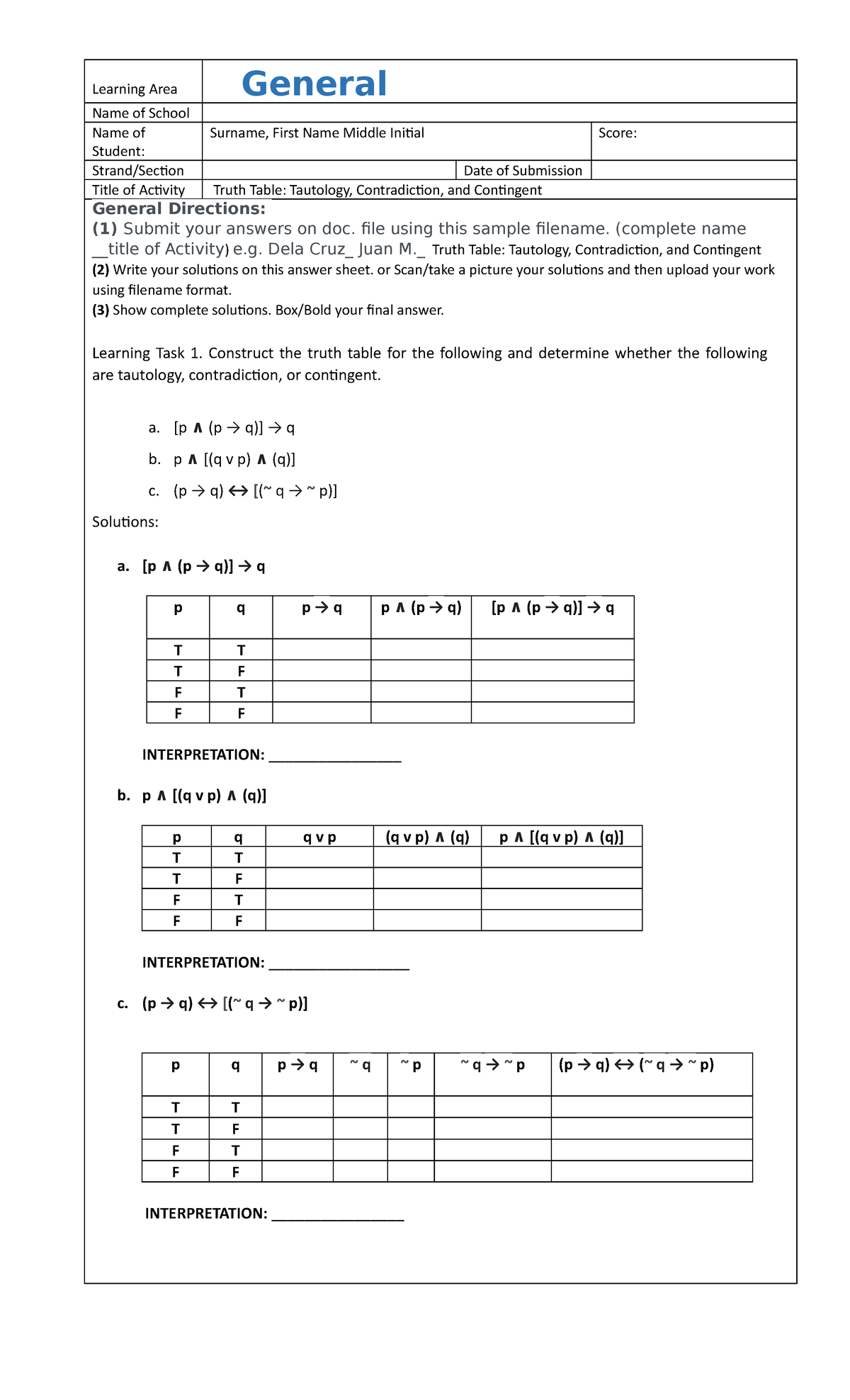 Answer sheet. Truth Table-Tautology, Contradiction, Contingent ...