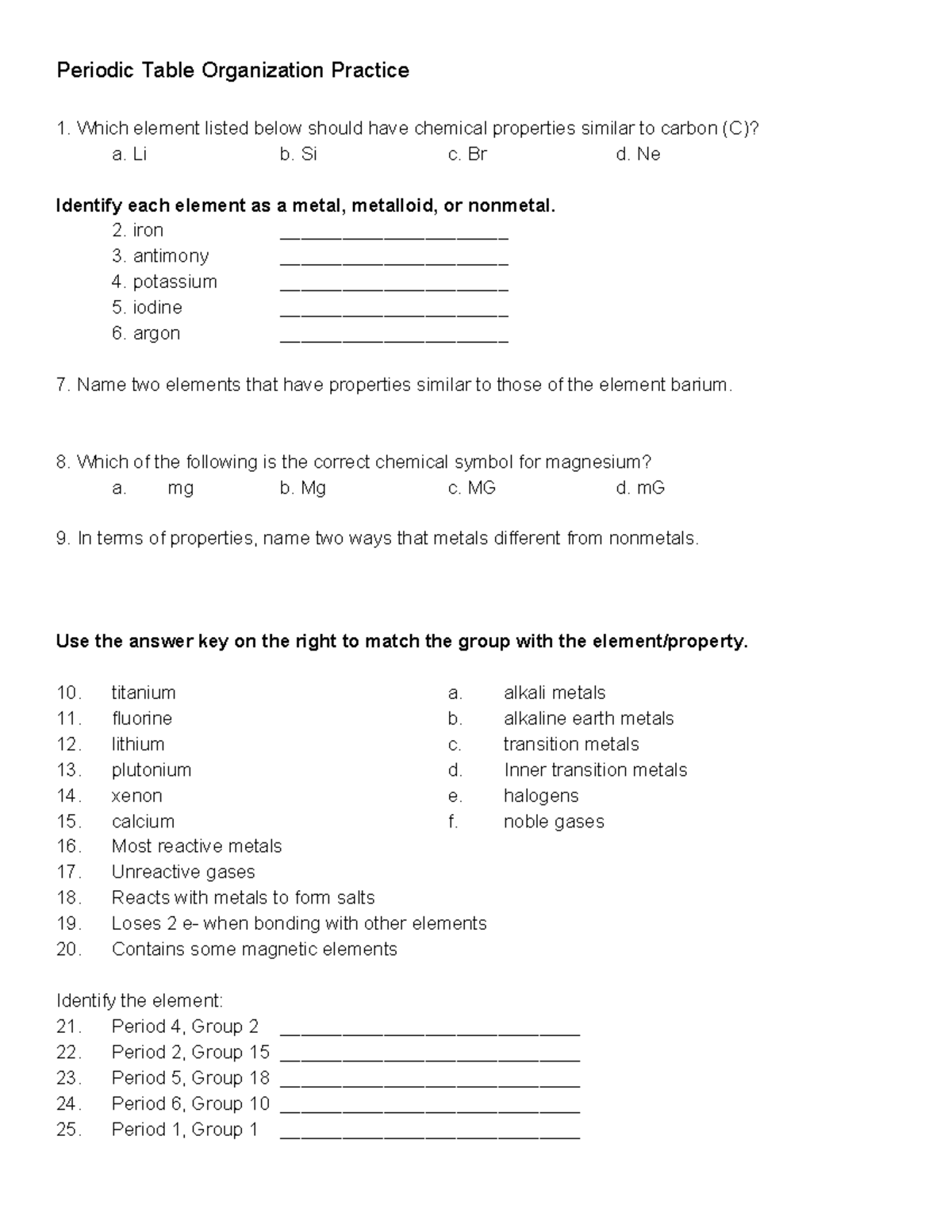 Periodic Table Organization Practice - Which element listed below ...