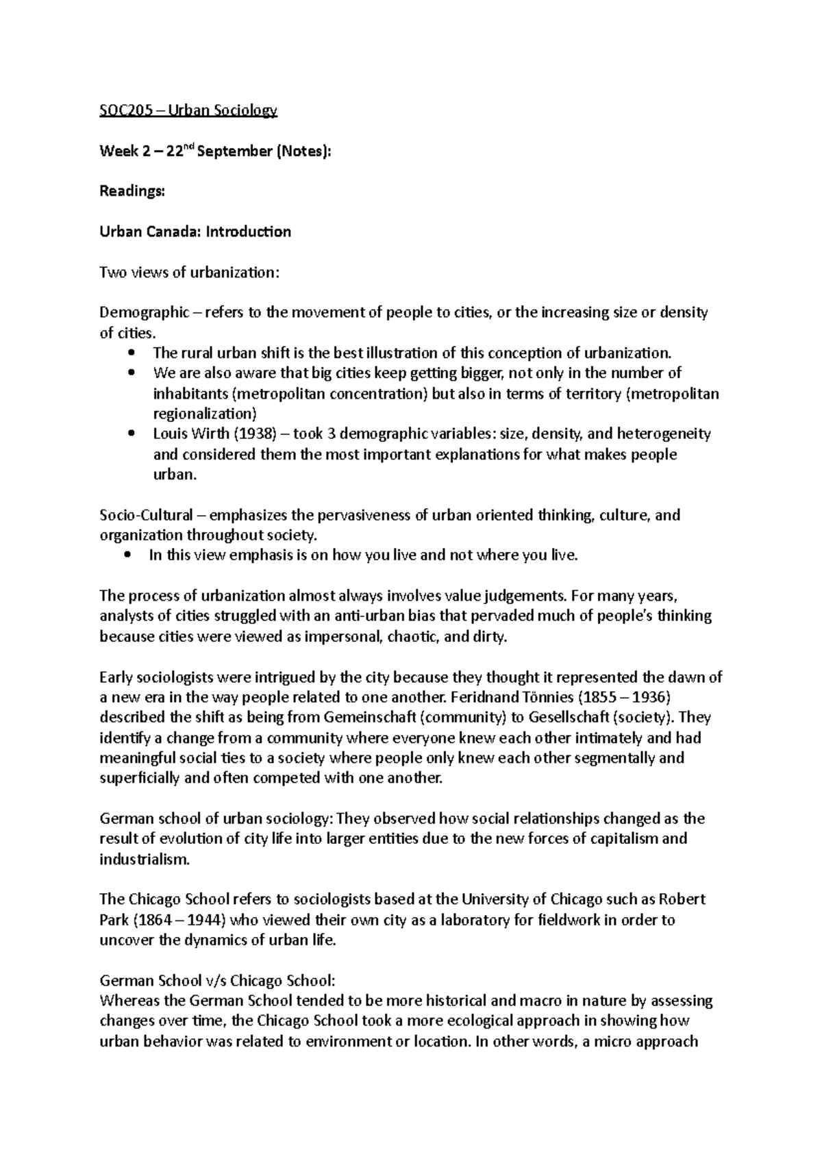 Reading Notes - SOC205 - SOC205 – Urban Sociology Week 2 – 22nd ...
