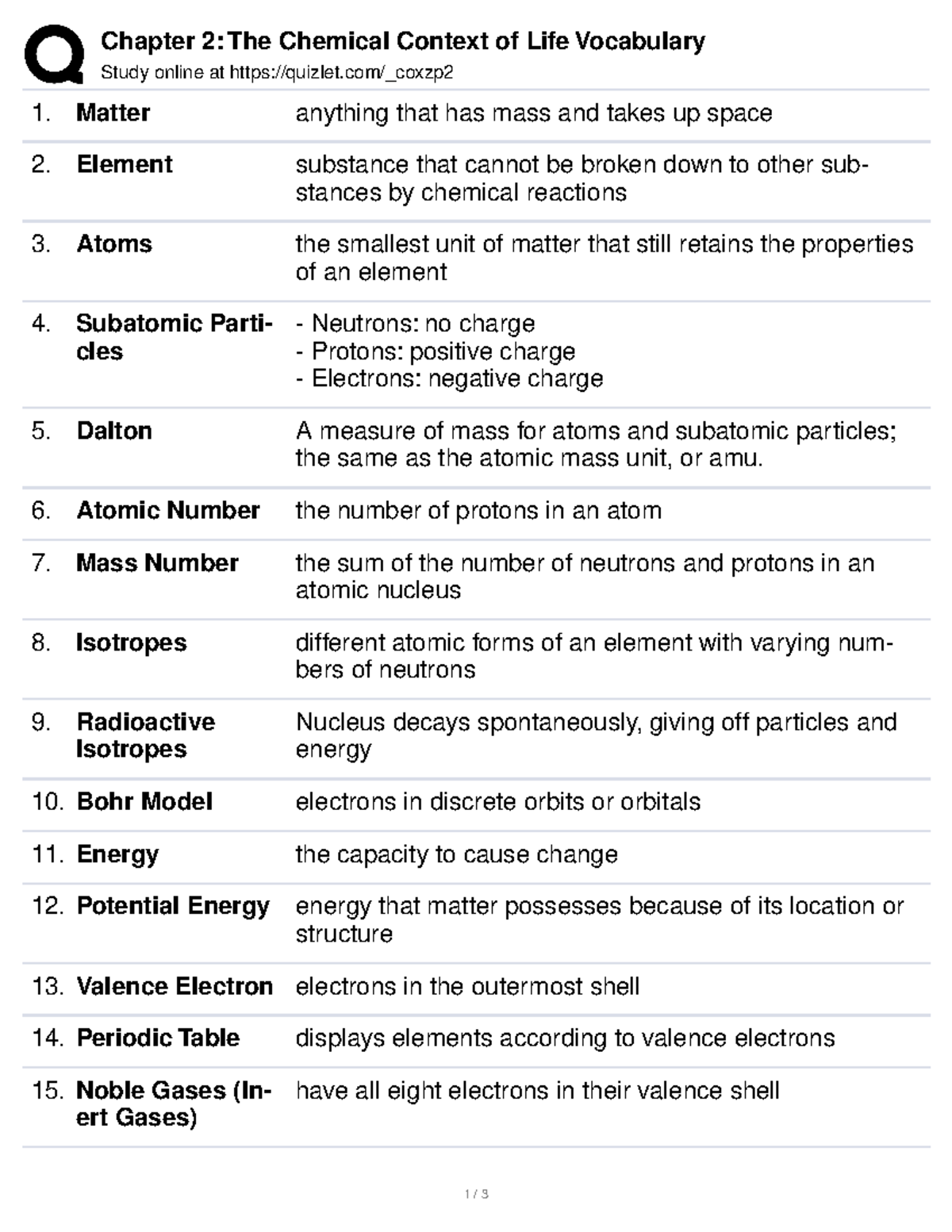 Chapter 2 The Chemical Context of Life Vocabulary - Chapter 2: The ...