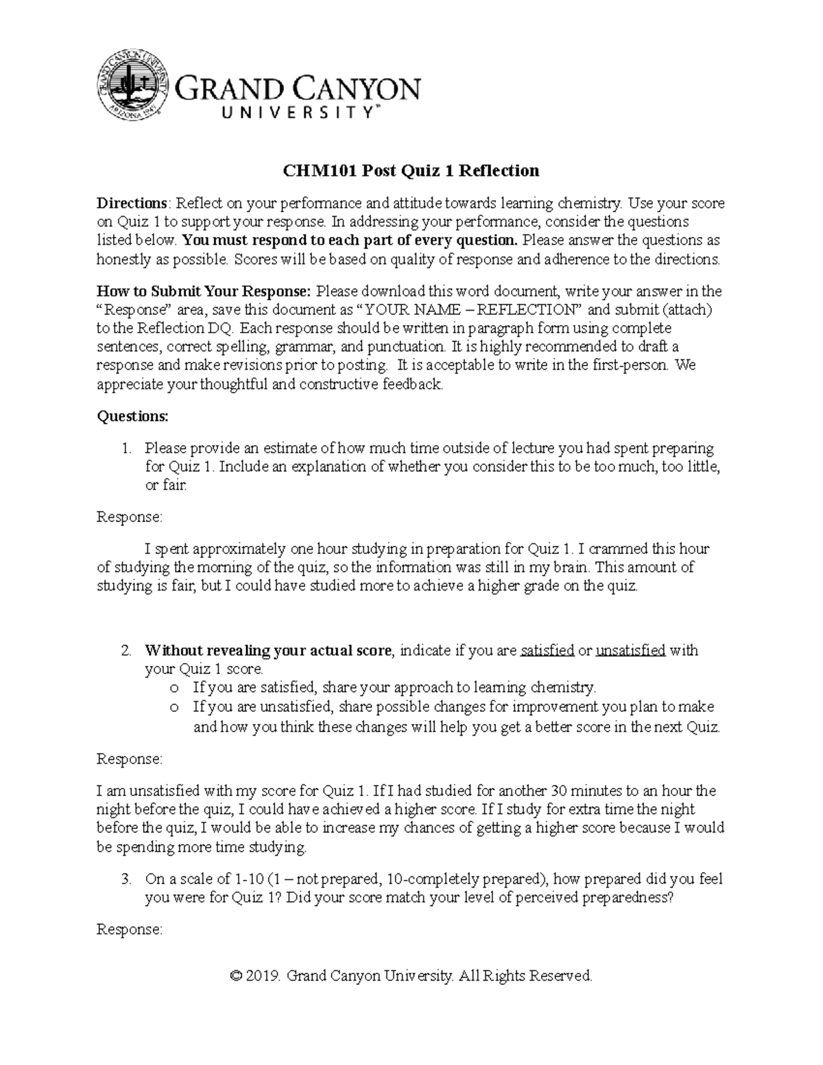 CHM-101 Quiz 1 Reflection - CHM101 Post Quiz 1 Reflection Directions ...