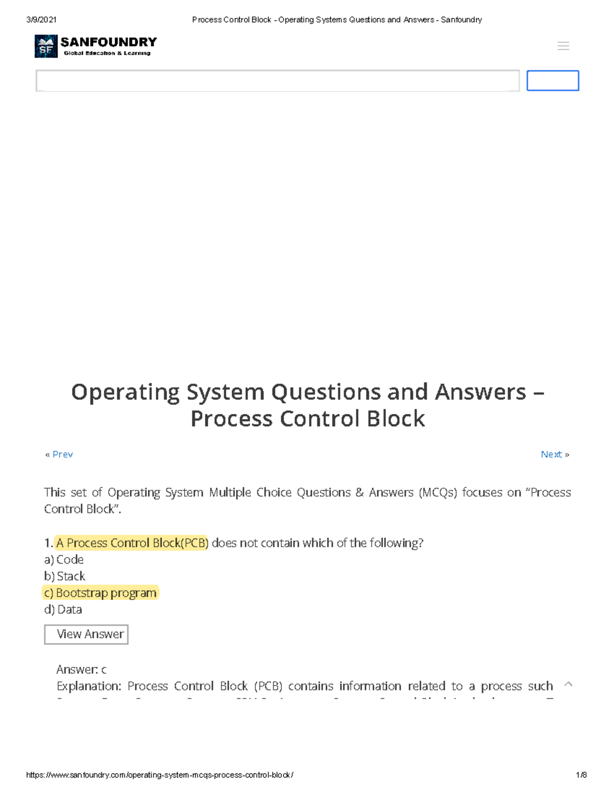 Process Control Block Operating Systems Questions And Answers Sanfoundry Prev Next