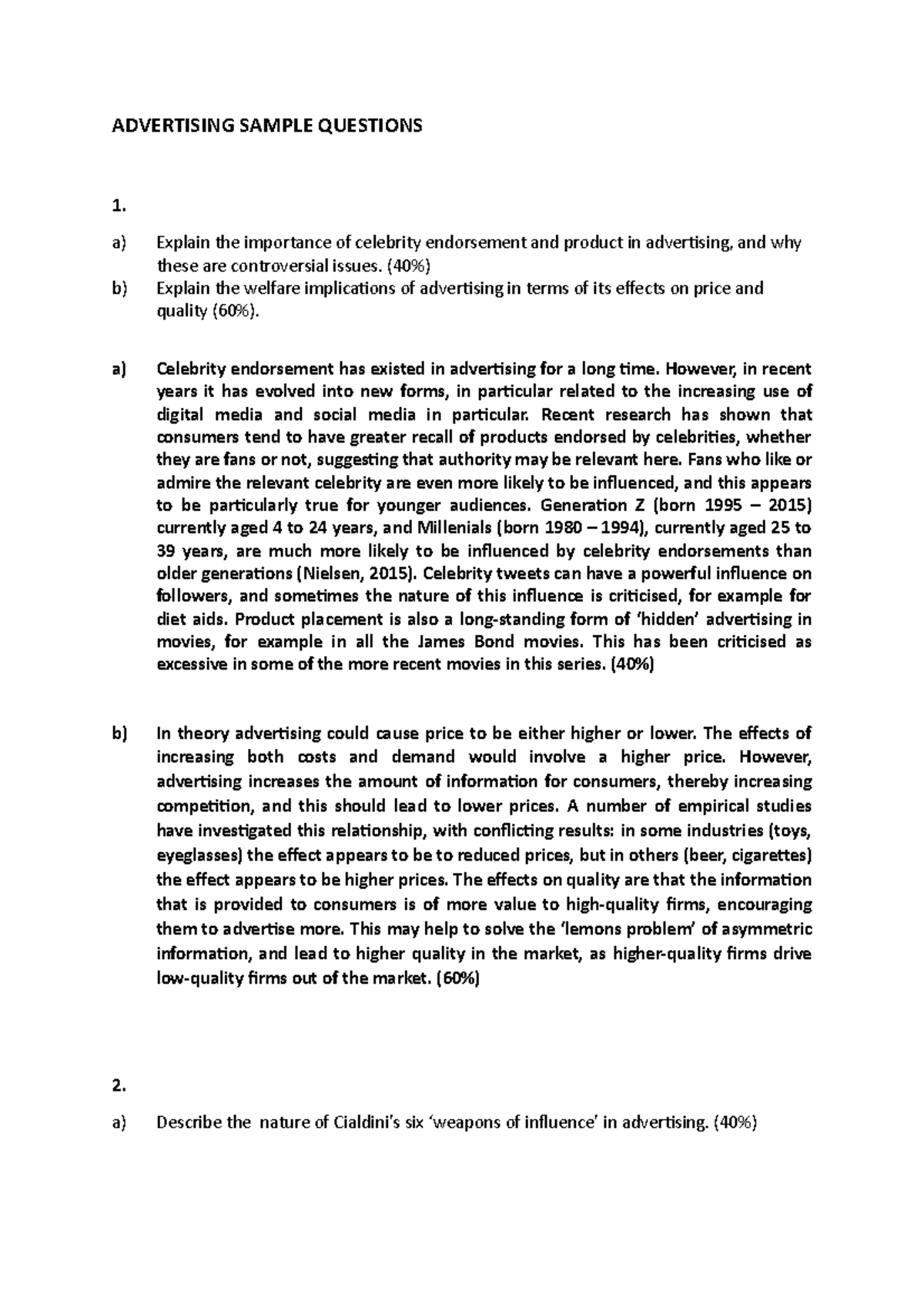 Advertising Sample Questions AND Answers October 2019 - ADVERTISING ...