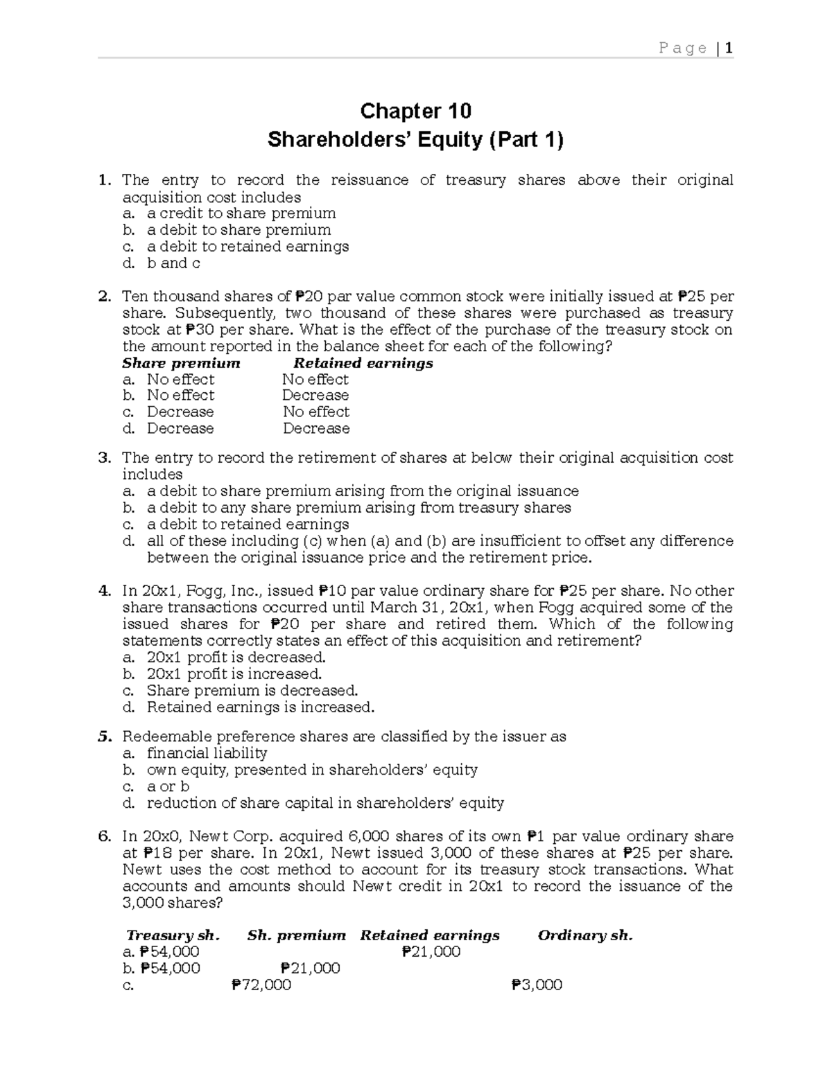 Chapter 10 SHE PART 1 - asdasdas - Chapter 10 Shareholders’ Equity ...