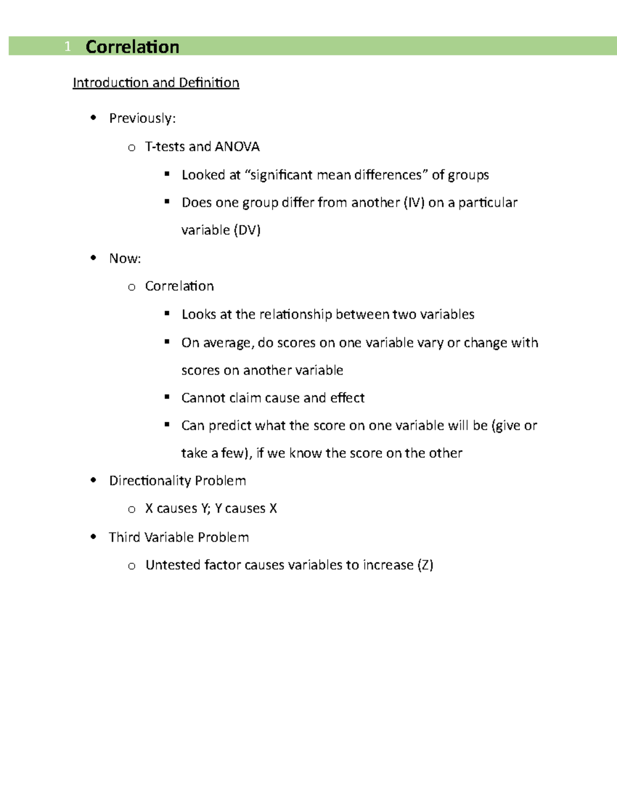 Correlation - Notes - Introduction and Definition Previously: o T-tests ...