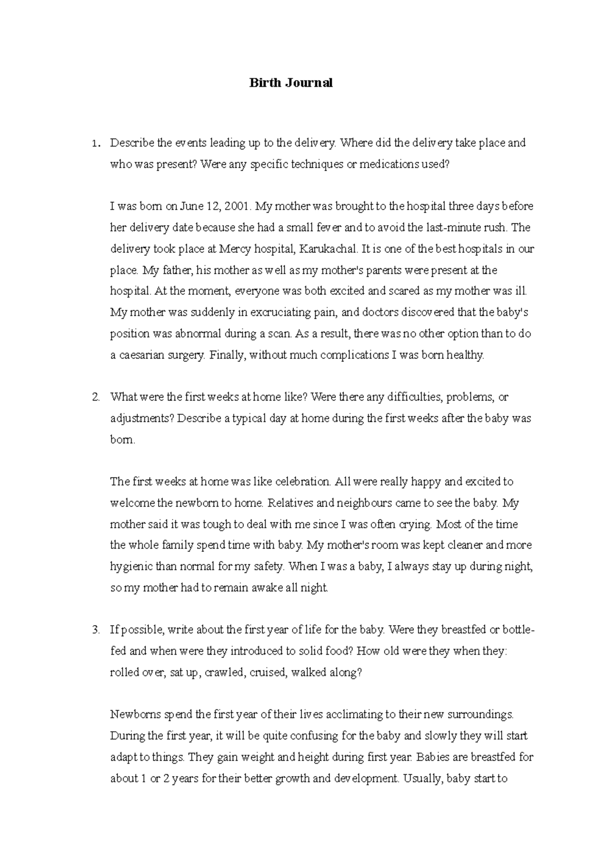 Birth Journal - Birth Journal Describe the events leading up to the ...