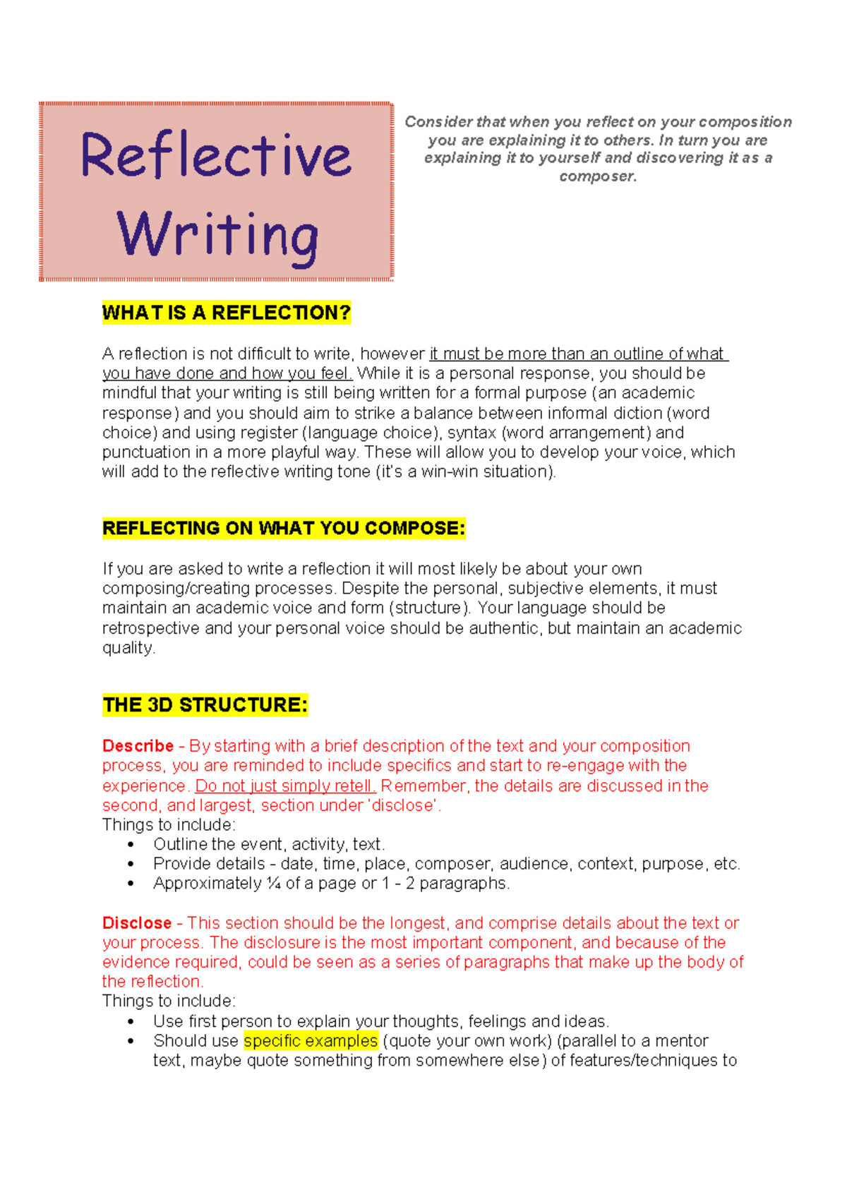 Reflective Writing - Reflective Writing Consider that when you reflect ...