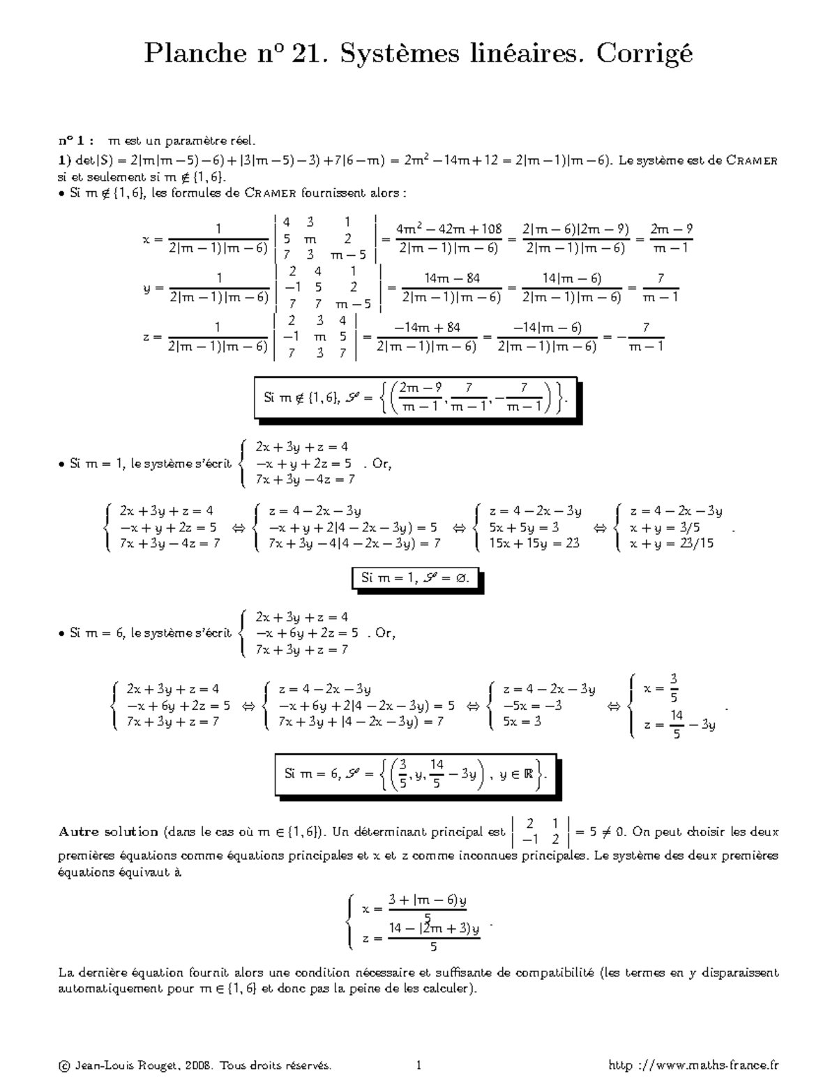21 Systemes Corrige - Exercices et Cours de mathématiques - Planche n o ...