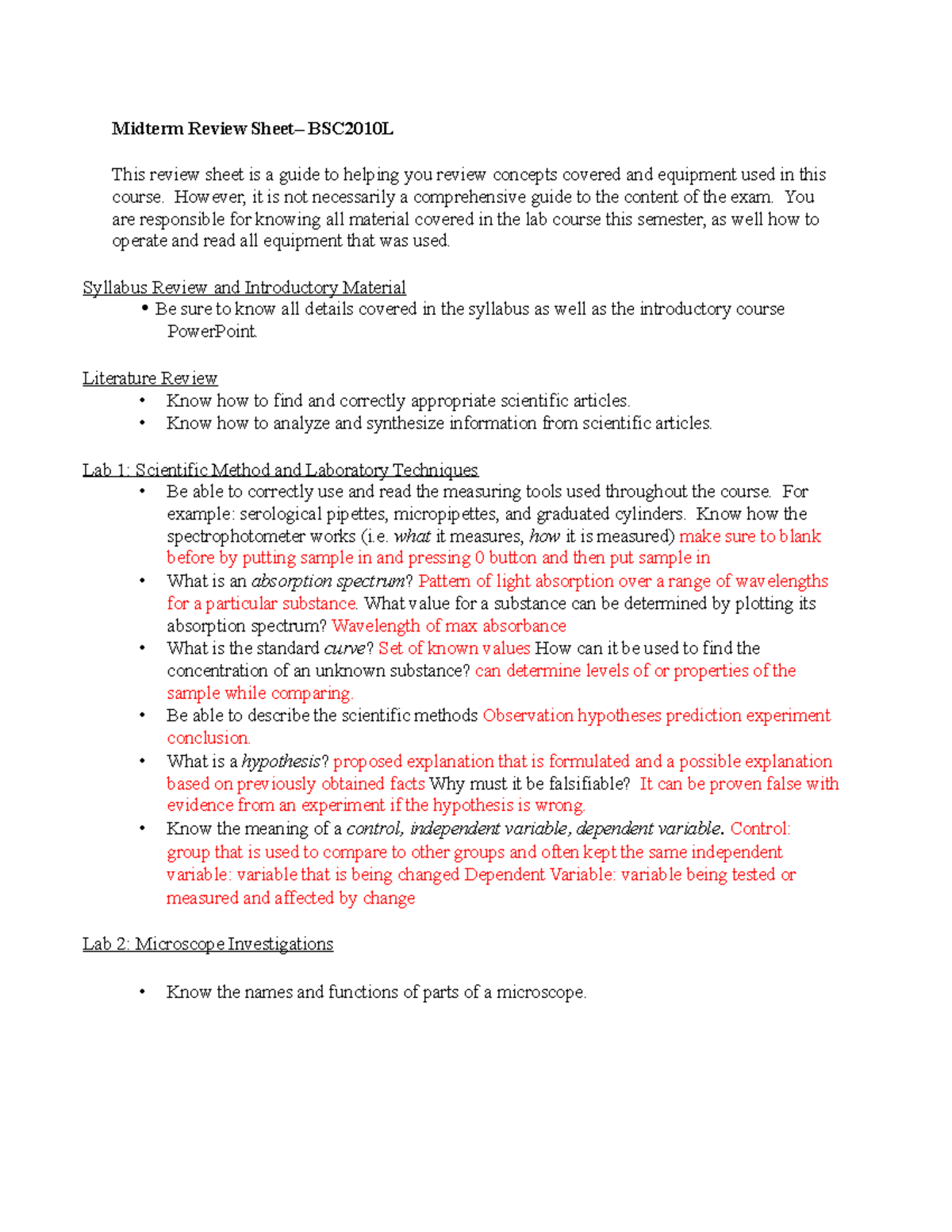 Midterm Review Sheet FA23 - Midterm Review Sheet– BSC2010L This review sheet is a guide to ...