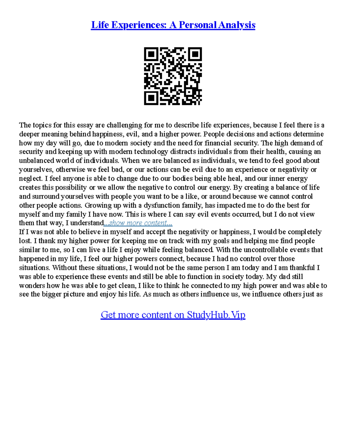 Essays About Life Experiences - Life Experiences: A Personal Analysis ...