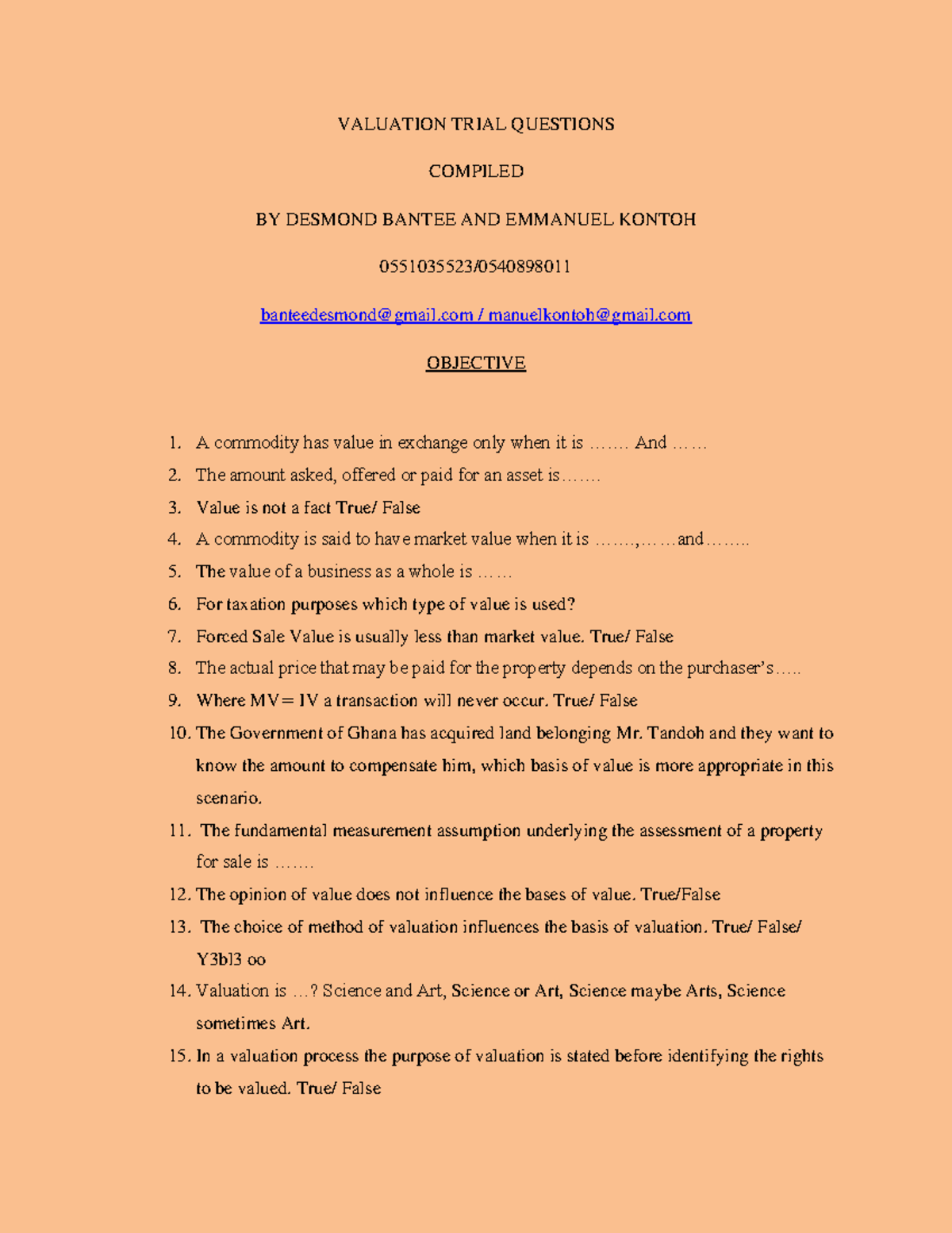 Valuation Trial Questions Compiled BY Desmond AND Emmanuel - VALUATION ...