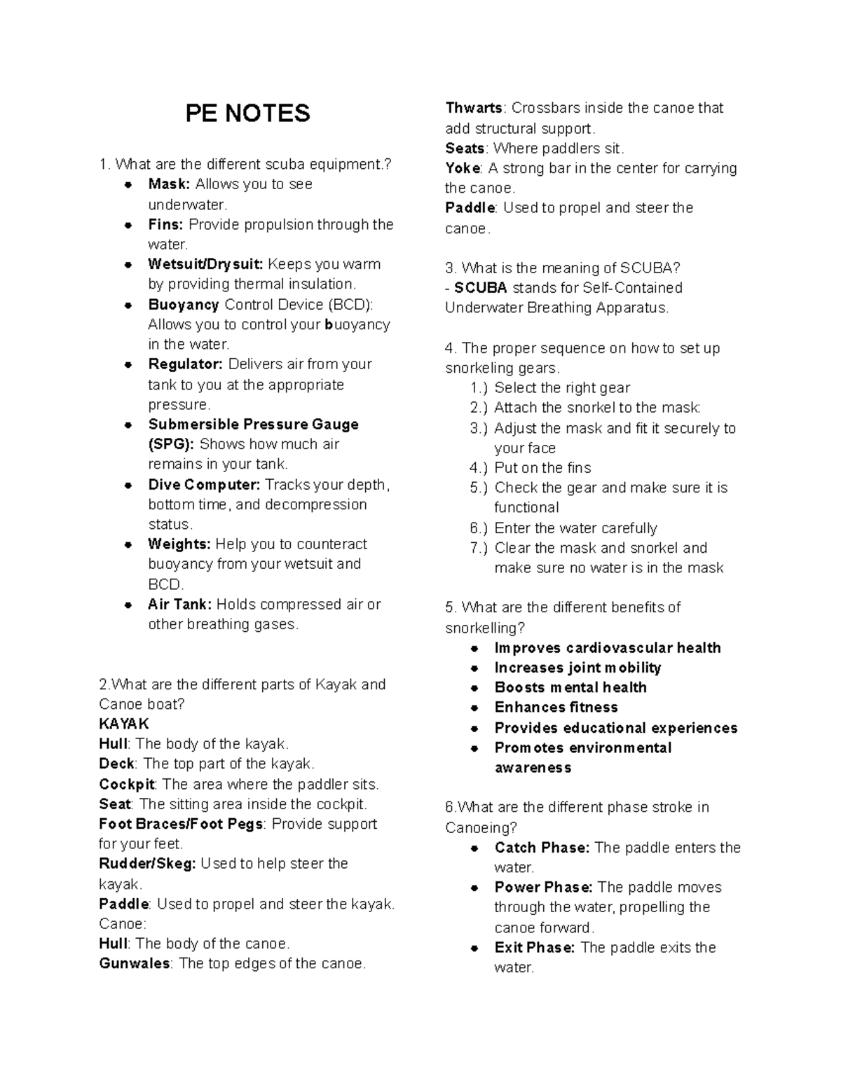 PE LIT Entrep Notes - PE NOTES What are the different scuba equipment ...