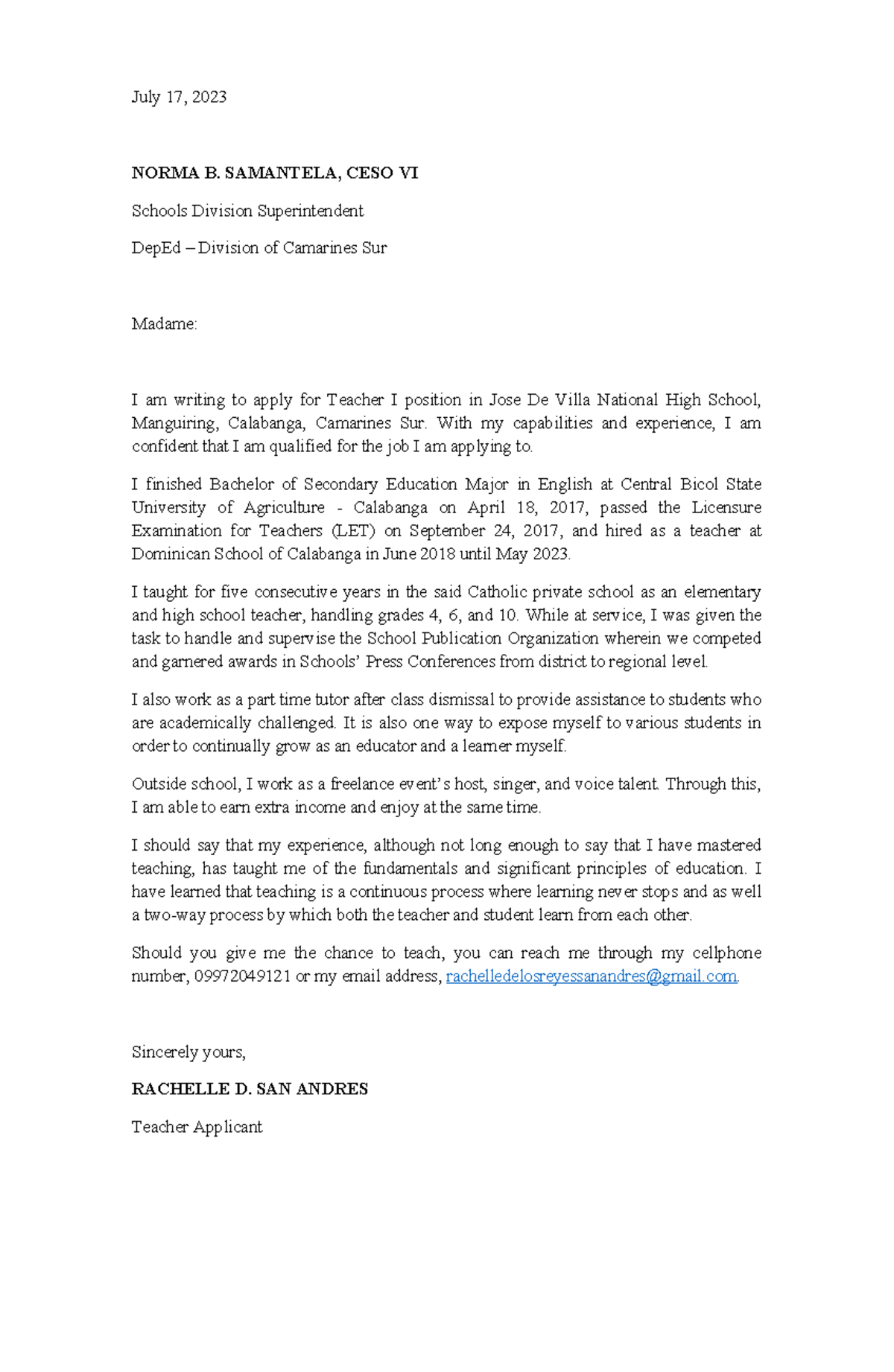 Application letter - July 17, 2023 NORMA B. SAMANTELA, CESO VI Schools ...