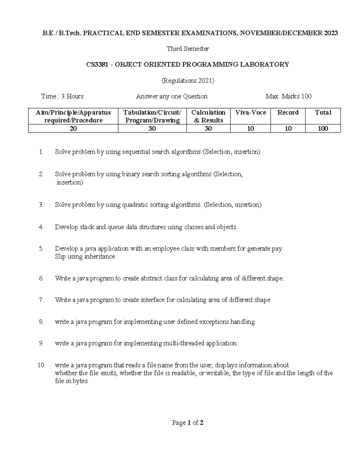 CS3381 SET8 - B / B. PRACTICAL END SEMESTER EXAMINATIONS, NOVEMBER/DECEMBER 2023 Third Semester ...