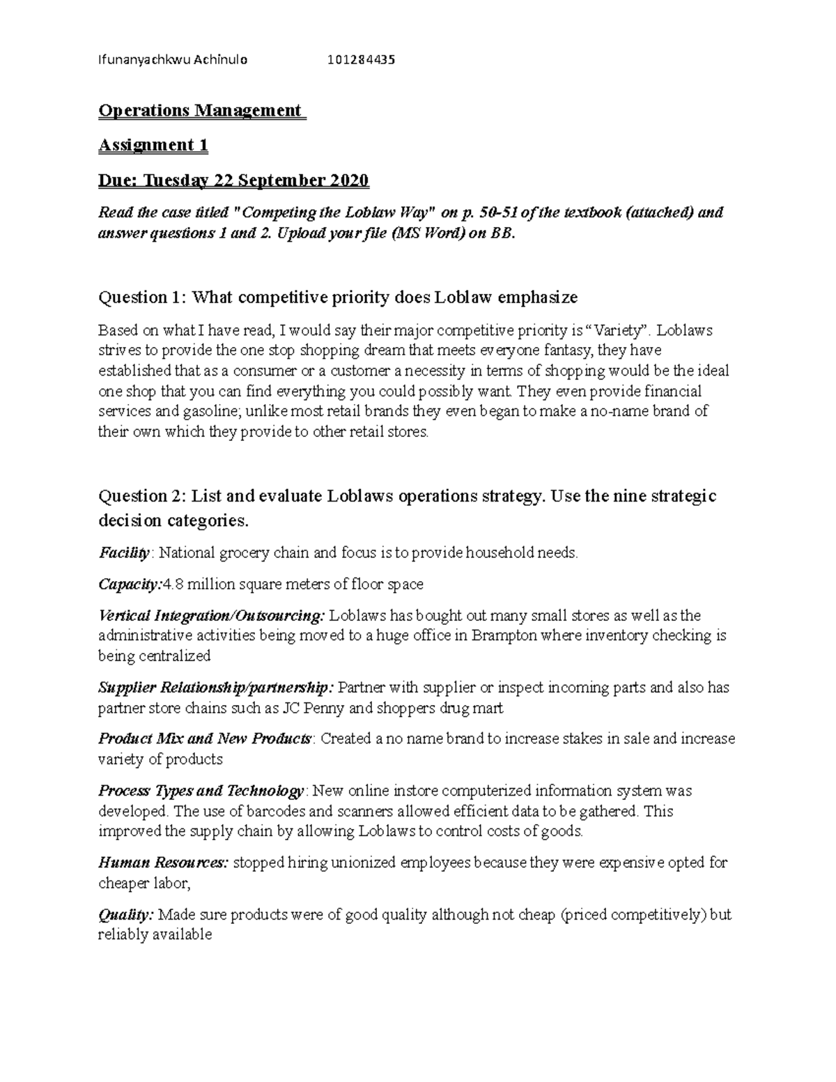 Operations Management assignment 1 - Ifunanyachkwu Achinulo 101284435 ...