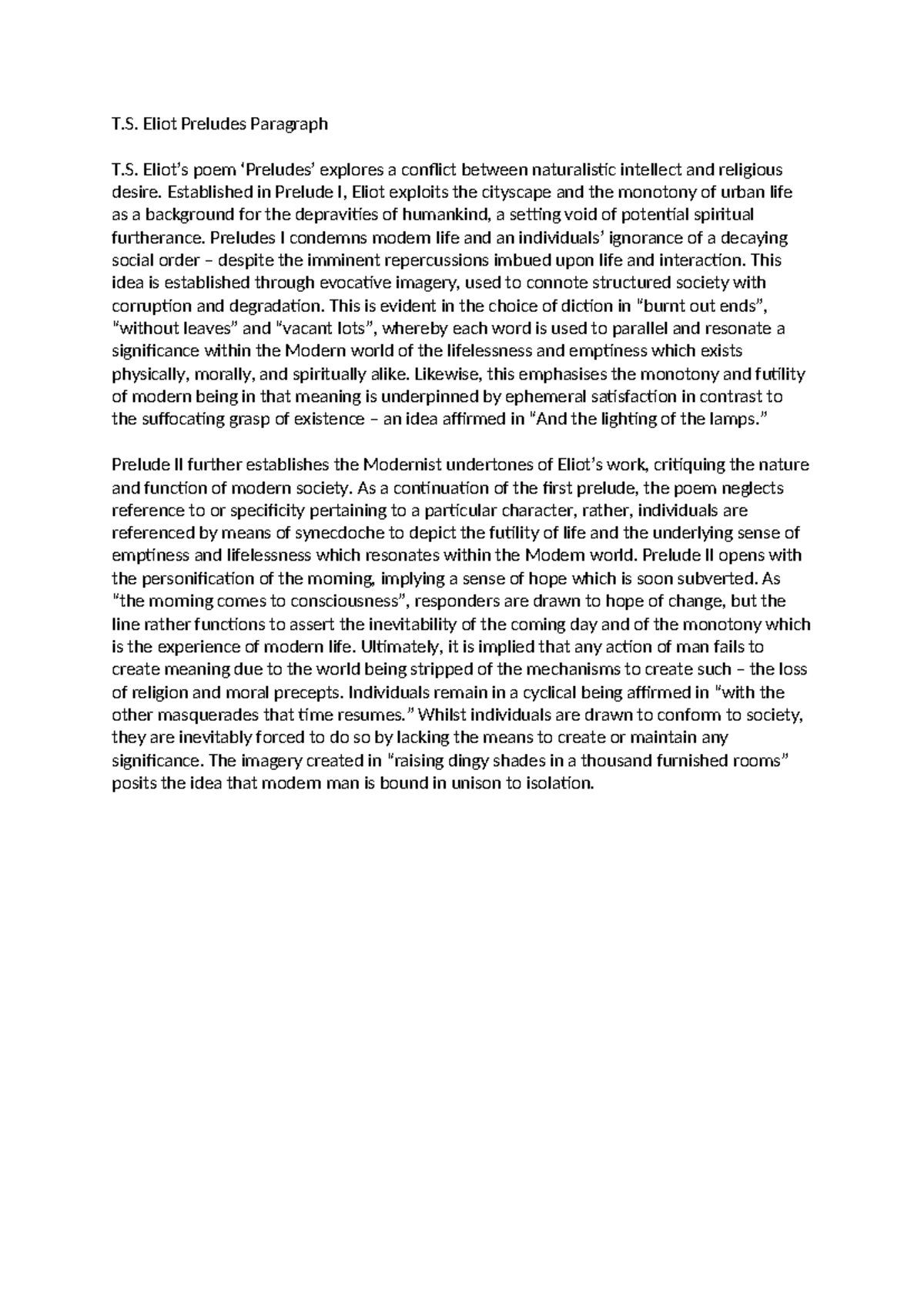 T.S. Eliot Preludes Paragraph - T. Eliot Preludes Paragraph T. Eliot’s ...