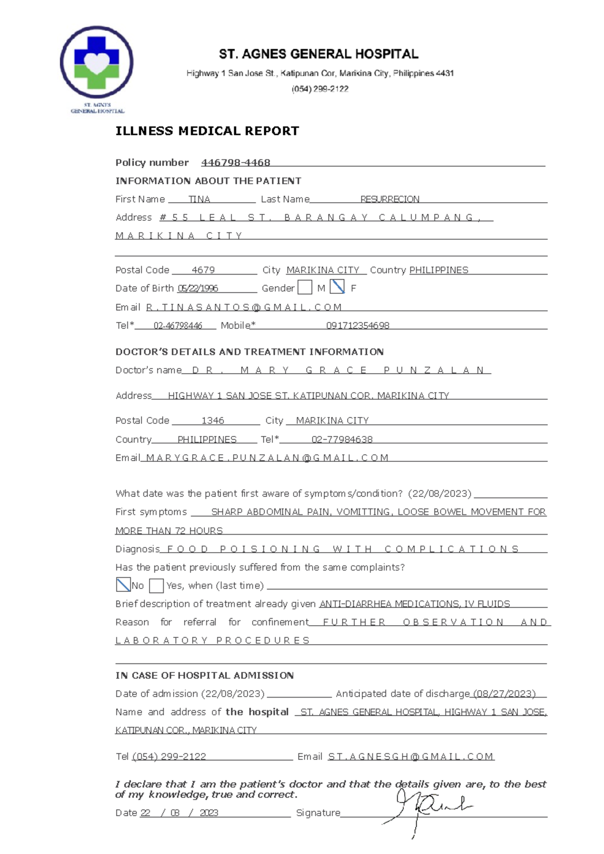 Sample Accident Medical Report - ILLNESS MEDICAL REPORT Policy number ...