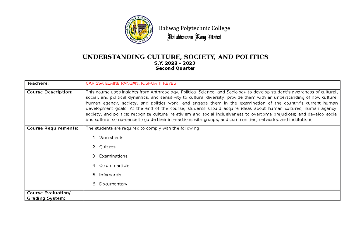 Curriculum-map-in-UCSP 2nd quarter - UNDERSTANDING CULTURE, SOCIETY ...