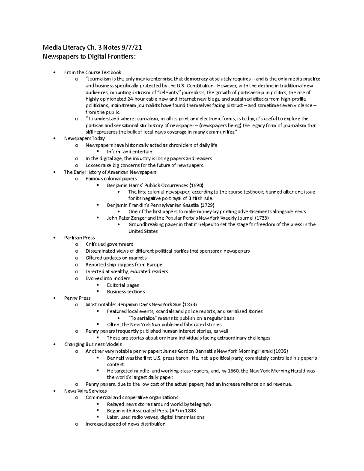 Media Literacy Ch. 3 Notes - Media Literacy Ch. 3 Notes 9/7/ Newspapers ...