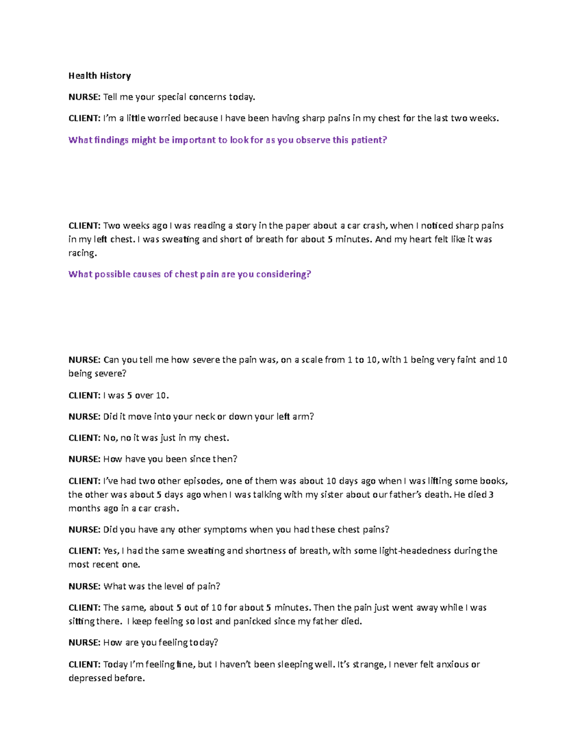 Chest Pain Simulation Scenario Transcript Clinical Packet - Health ...