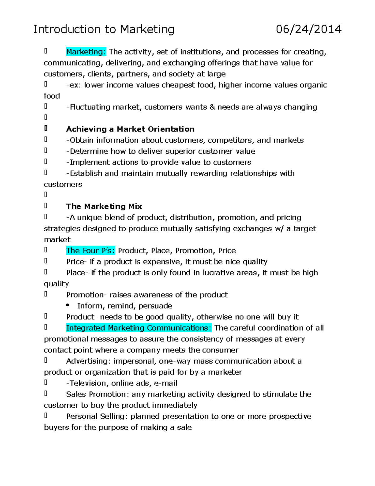 Introduction to Marketing - Studocu